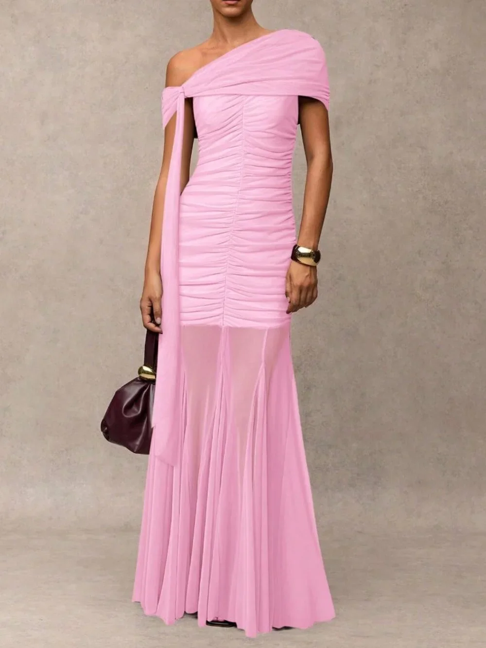 Dresses | Baby Pink Elegant Womens Ruched Mesh Patchwork Cinched Waist ...